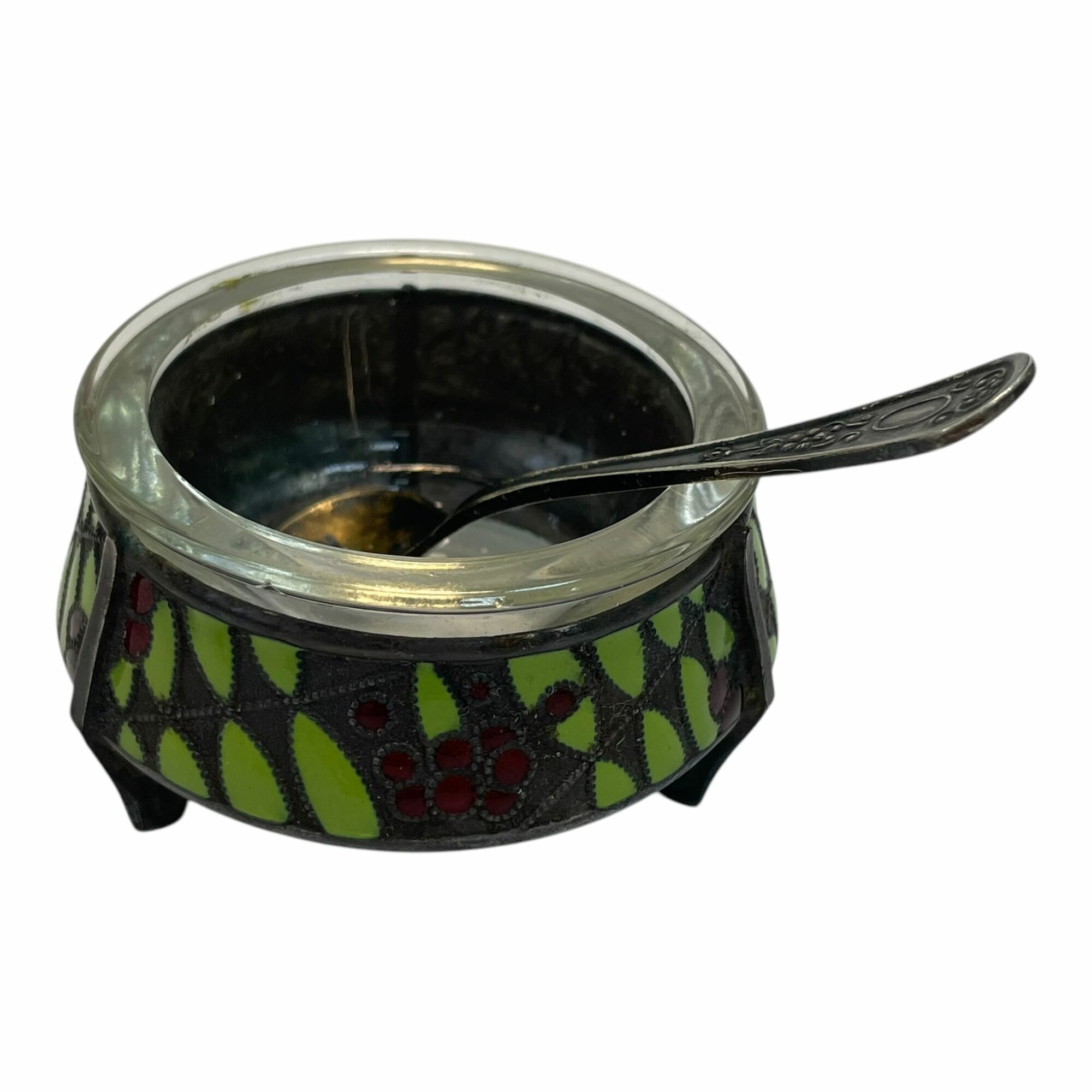 Советская винтажная мельхиоровая солонка с ложкой, горячая эмаль, есть клеймо, сделано в СССР