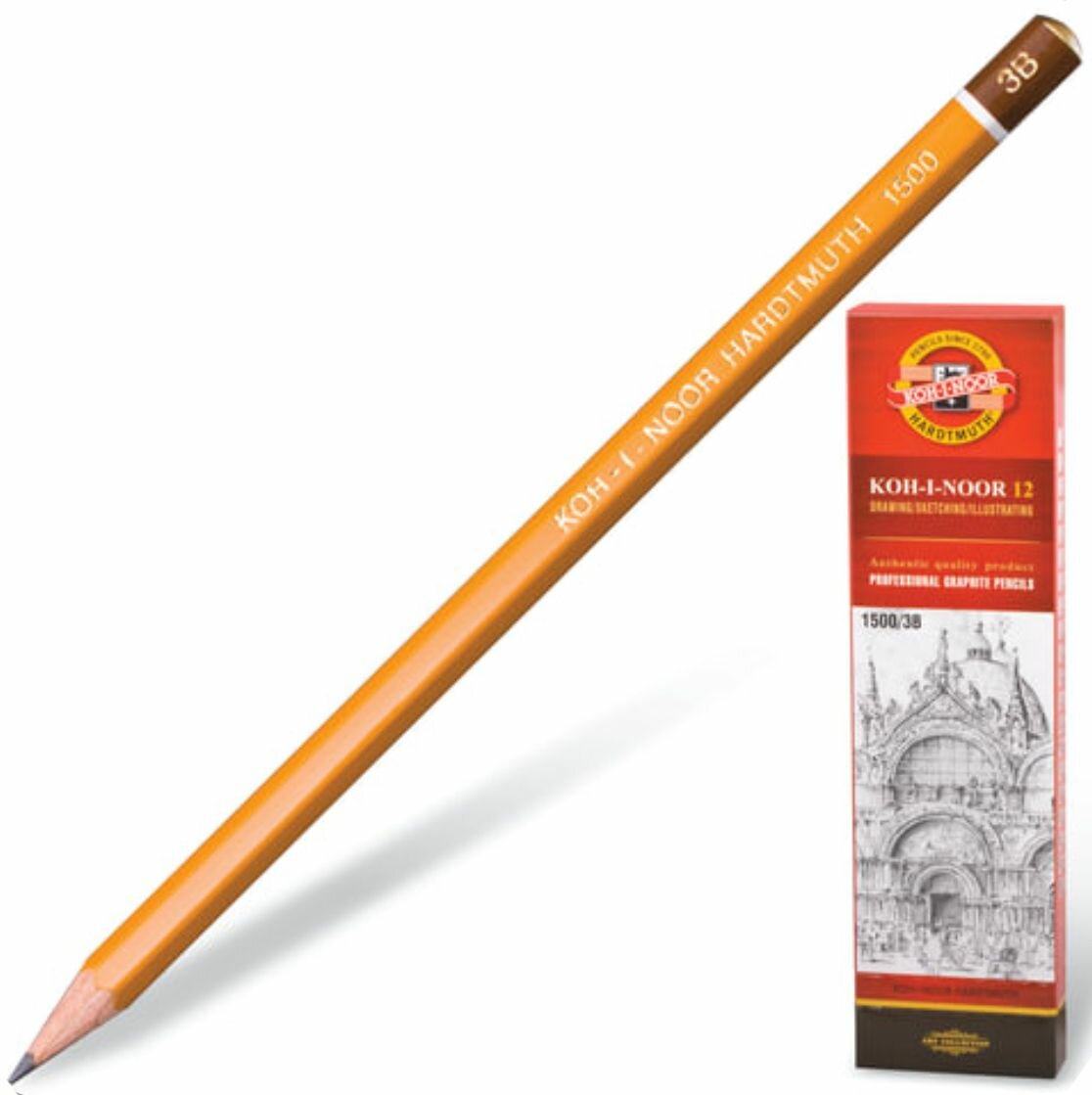 Карандаш чернографитный KOH-I-NOOR 1500 3В шестигранный с заточкой, 2 шт.