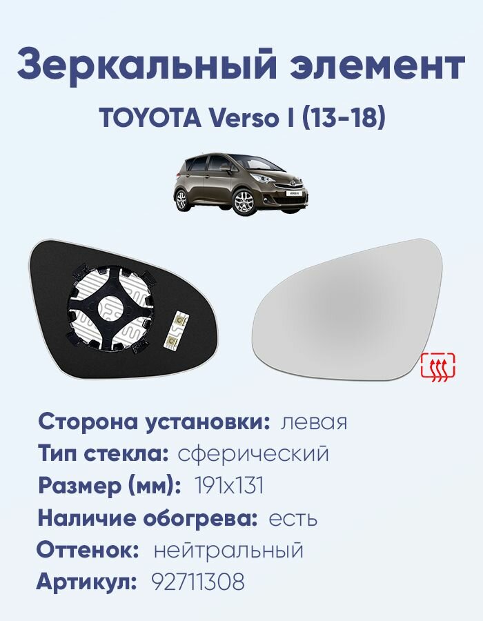 Зеркальный элемент левый TOYOTA Verso I (13-18) сфера нейтральный с обогревом