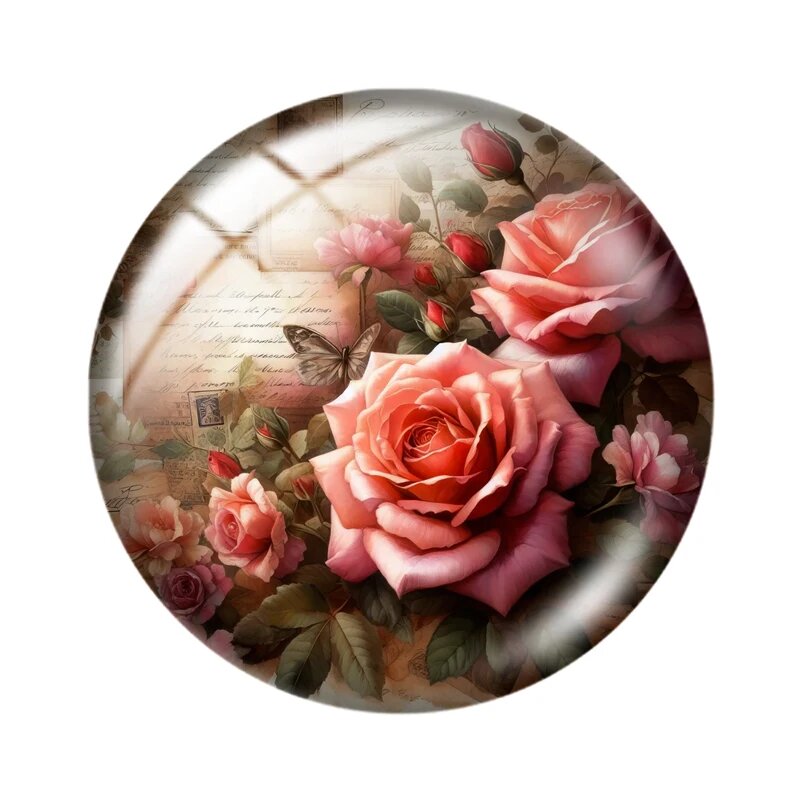 Стеклянные кабошоны "Ретро роза-бабочка" 12 мм, 10pcs-BG6052-01