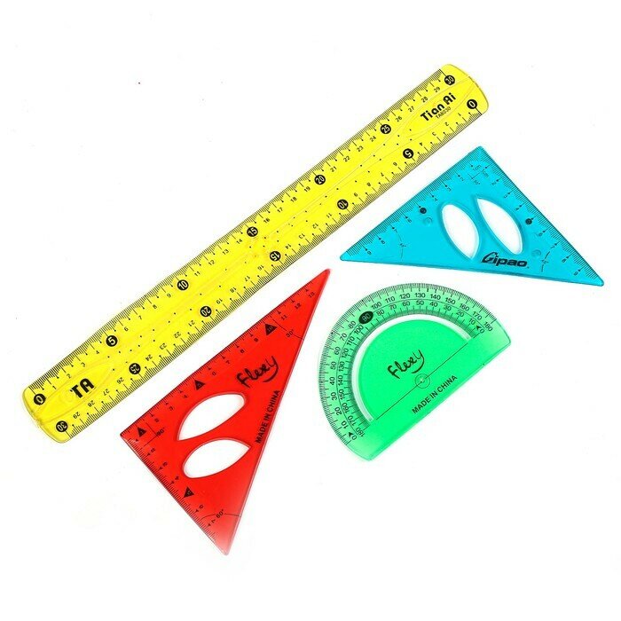 Набор геометрический, силиконовый, гибкий: линейка 30 см, 2 угольника, транспортир, микс