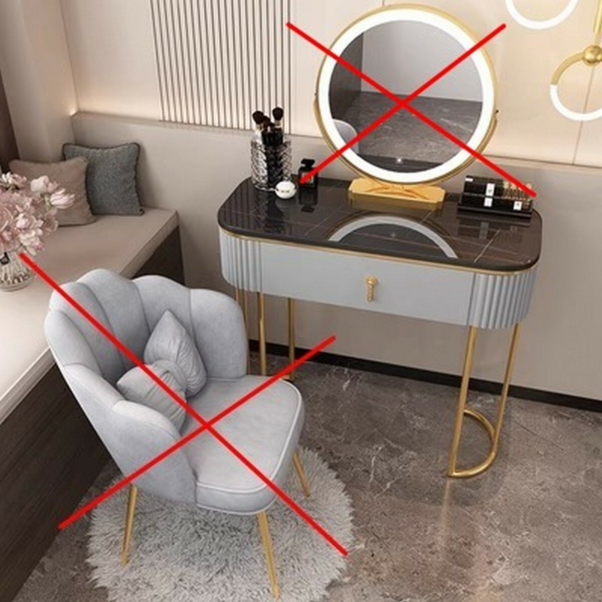 Современный туалетный столик Marta, серый с золотом, без тумбы (80 см черная столешница, без зеркала, без табурета)