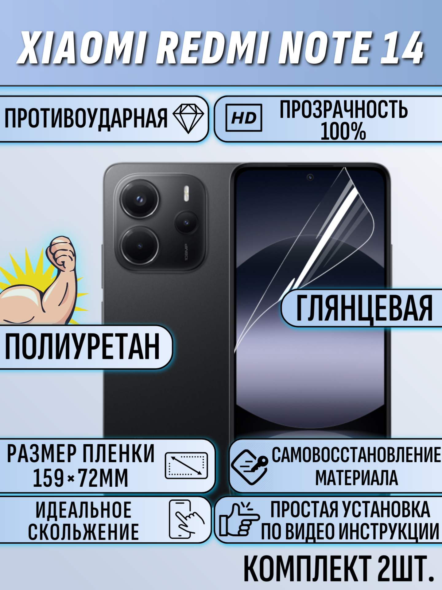 Гидрогелевая пленка для Xiaomi Redmi Note 14 2шт глянцевая противоударная