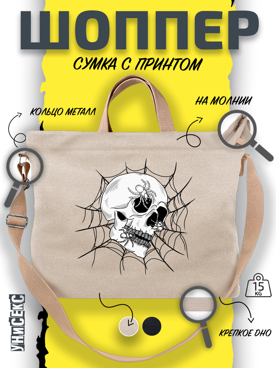 Сумка  шоппер y2k через плечо с черепом в паутине