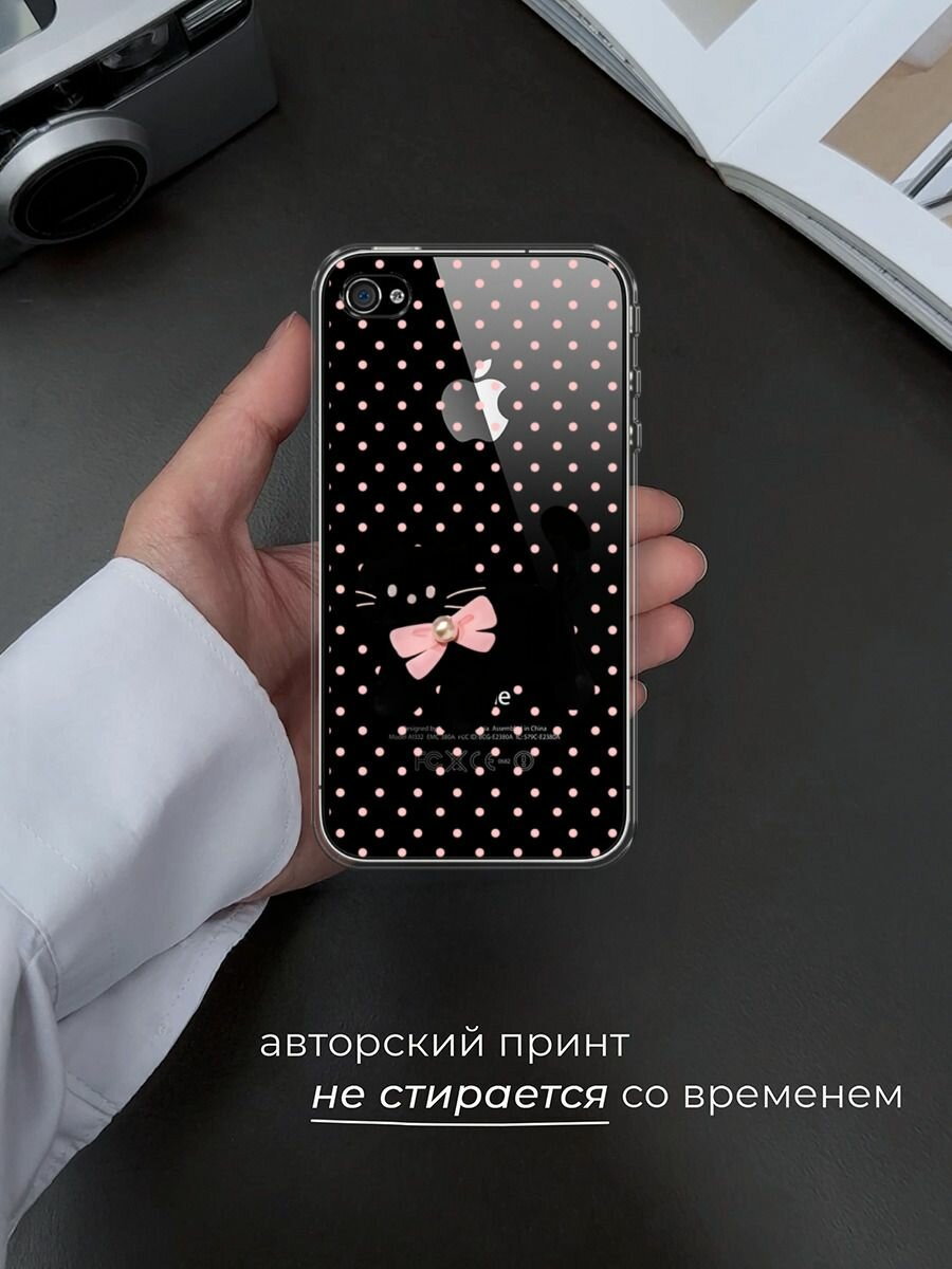 Чехол на Apple iPhone 4/4S / Айфон 4/4S с принтом Черный котик с бантом, прозрачный — фото 1