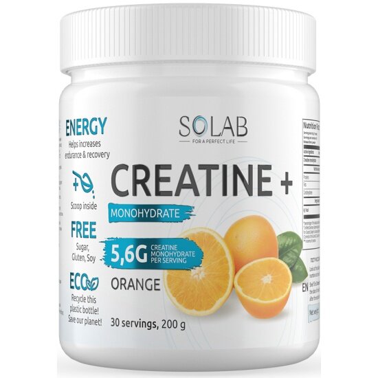 Креатин Solab БАД моногидрат, Апельсин, Банка 200 гр. 30 порций. бад