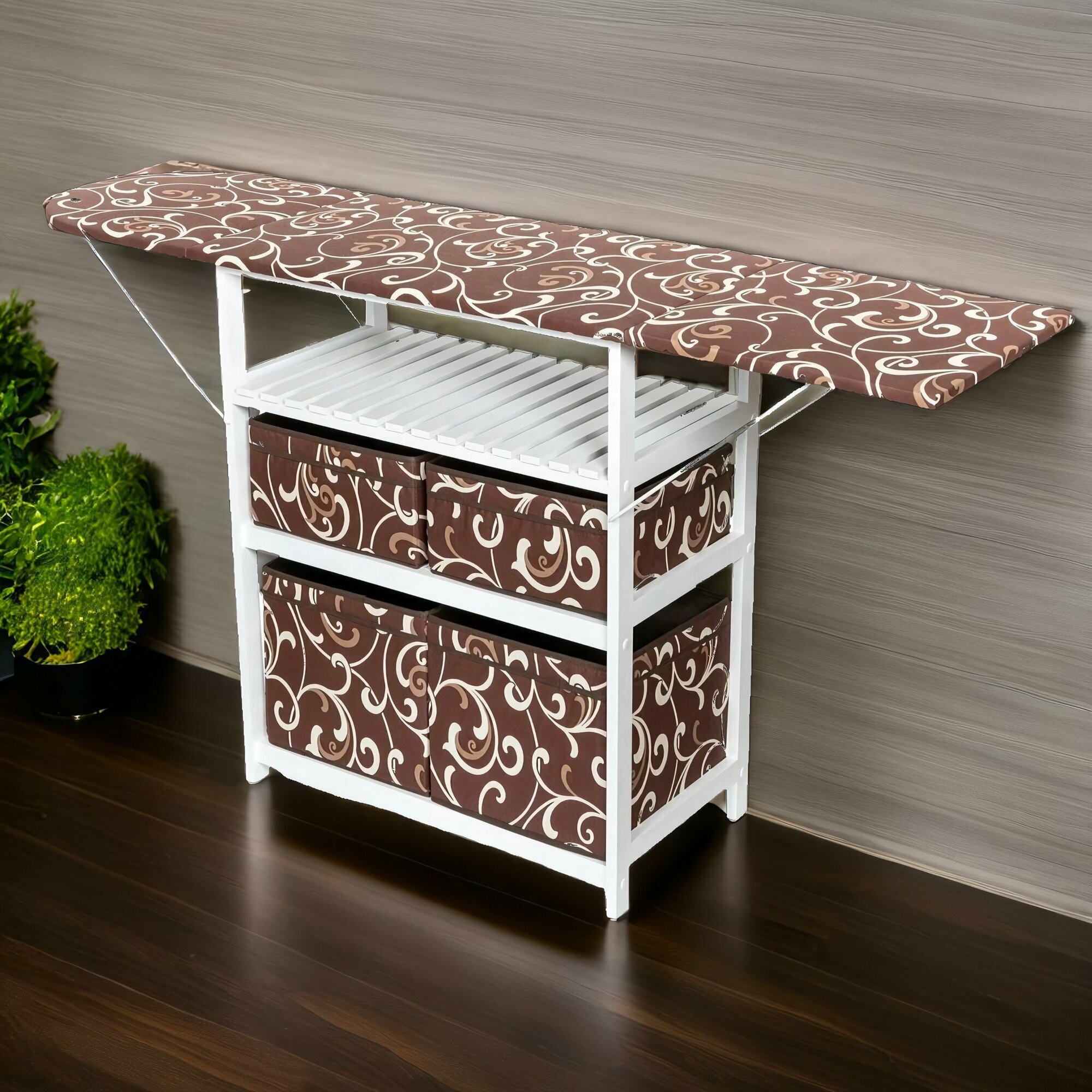 Комод гладильная доска с ящиками из массива, гладильный комод (белый, орех)