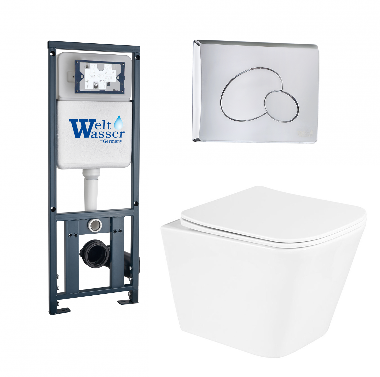 Комплект 3 в 1 инсталляция WeltWasser Marberg 410 + Подвесной унитаз BelBagno Due BB3103CHR/SC + кнопка хром RD