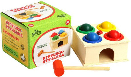 Развивающая игра-сортер "Божья коровка" деревянная игрушка-стучалка квадратная, 4 цветных шарика: 3 см, молоточек