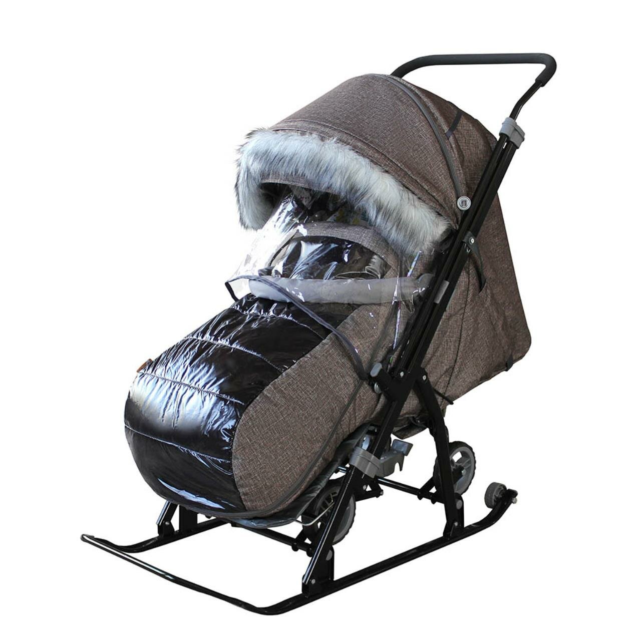 Санки-коляска SNOW GALAXY NOVA, лён коричневый крупный на больших колесах+рюкзак+варежки