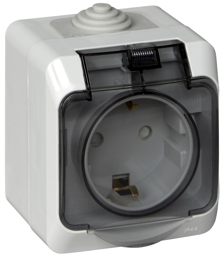 Розетка силовая штепсельная Systeme Electric / Систем Электрик Этюд, 16А 250В IP44 серый с заземляющим контактом, шторками и прозрачной крышкой PС16-044С / электрооборудование