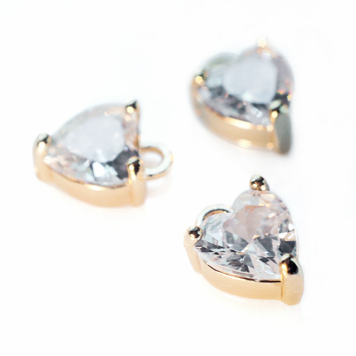 Кулон Подвеска металлическая сердечко 4 шт. для рукоделия / браслета / сережек, с цирконом, позолота Real Gold Plated, 6.5x8.5x4 мм