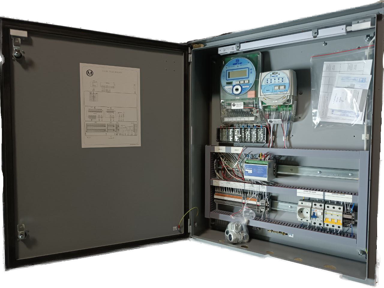 Комплект в сборке: Шкаф приборов М11.026 (800х650х205 мм), счётчик МИР С-07.05S-230-5(10)-R-S2T2Q-D, Блок питания МИР БП-16, Модем-коммуникатор МИР МК-01. А-2Е/G/2R/P/Z1-ИП24-3ТС24/SD, Выключатель автоматический дифференциального тока ВА 47-29-3ф-2А х-ка С