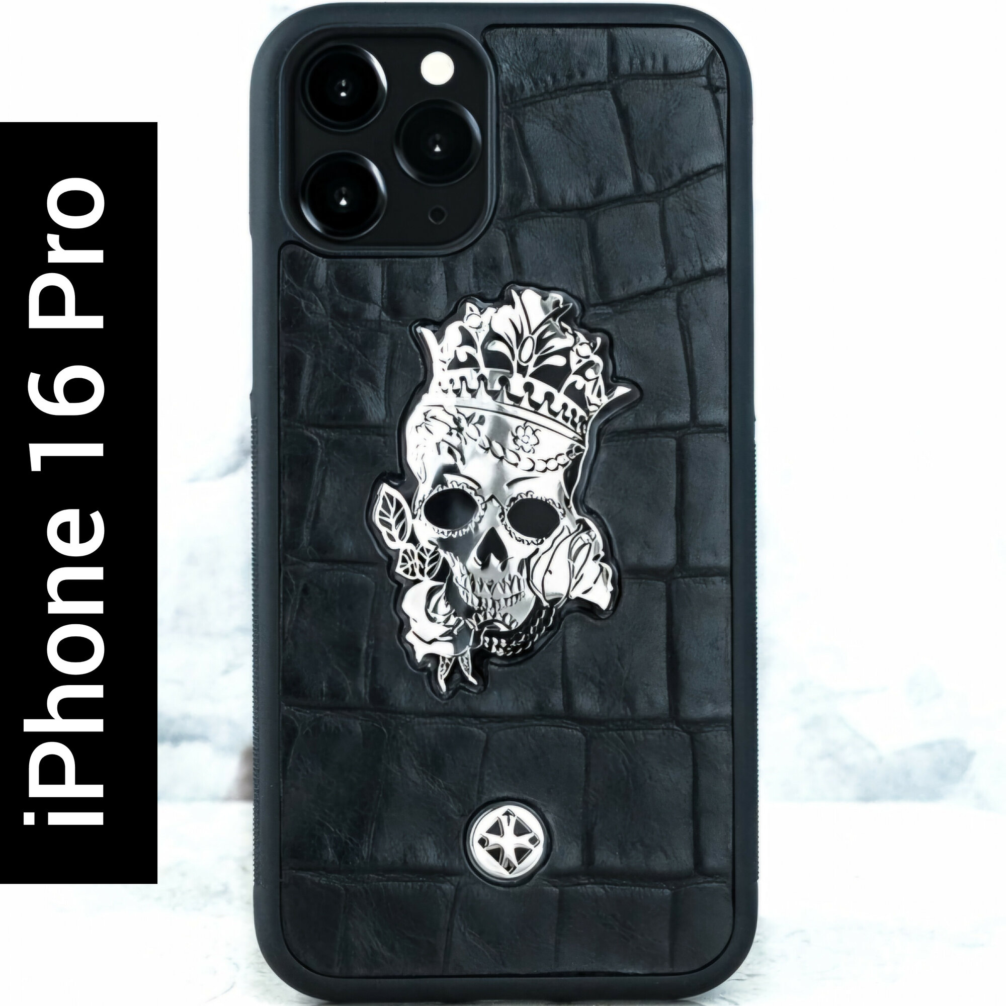 Чехол iPhone 16 Pro / Princess Calavera Black CROC - Euphoria HM Premium - череп металл, натуральная кожа