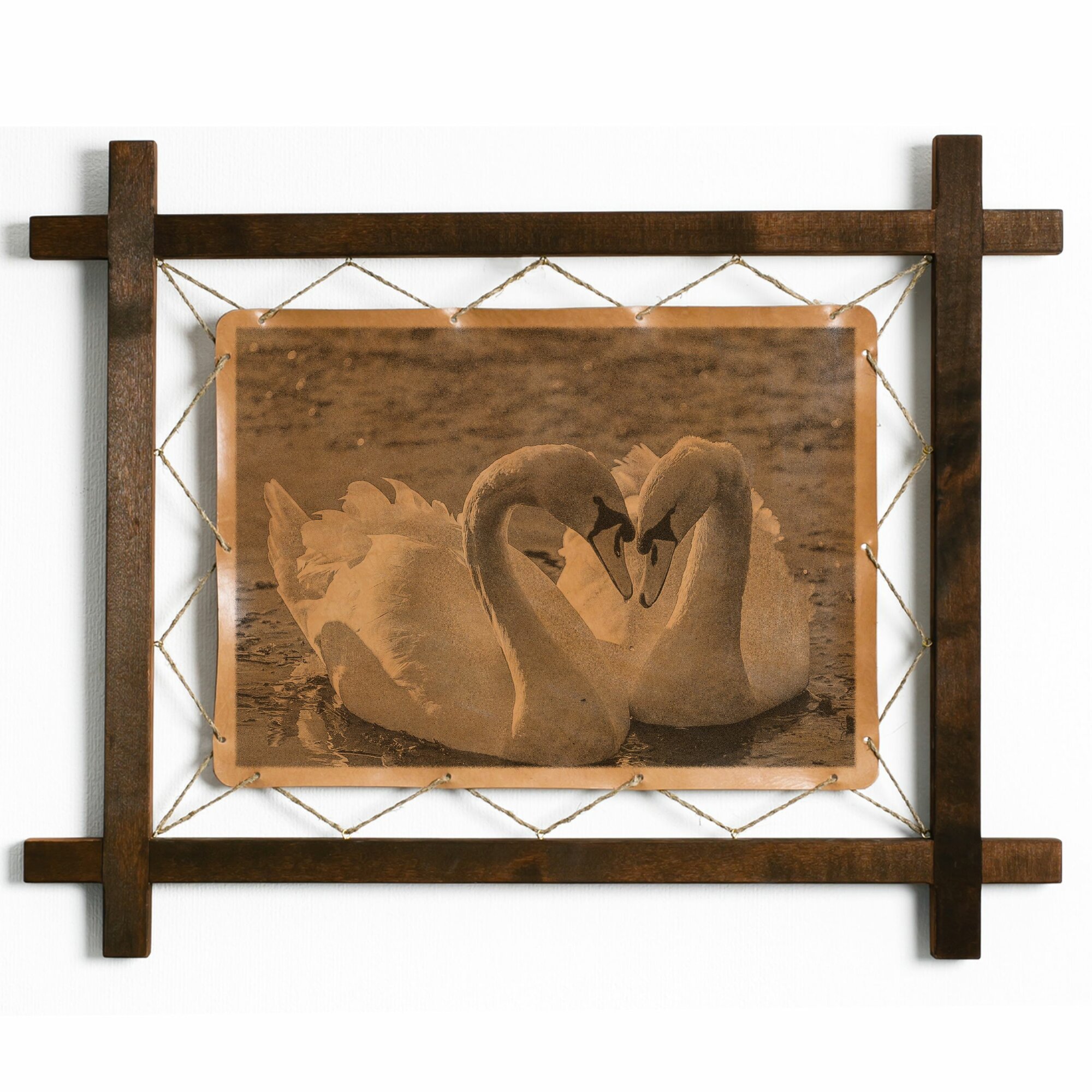 Картина интерьерная, натуральная кожа, "Лебеди на пруду", в деревянной раме, BoomGift