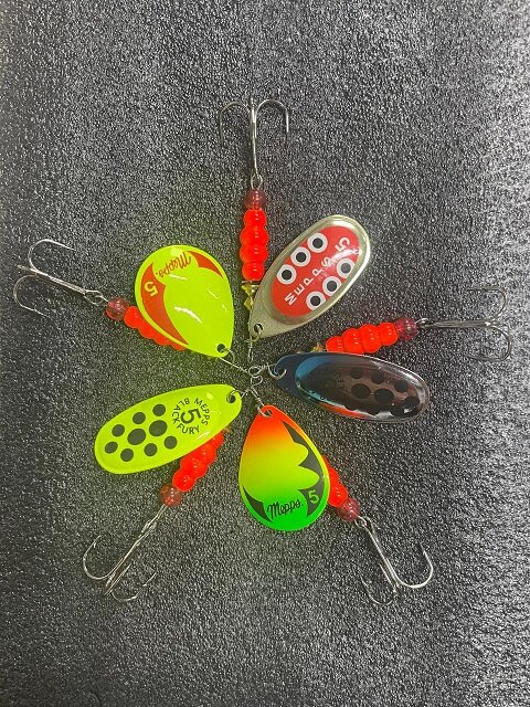 Набор Вертушек Mepps ассорти моделей №5, 5 шт (коробочка в подарок), вращающаяся блесна, приманка для ловли хищных рыб