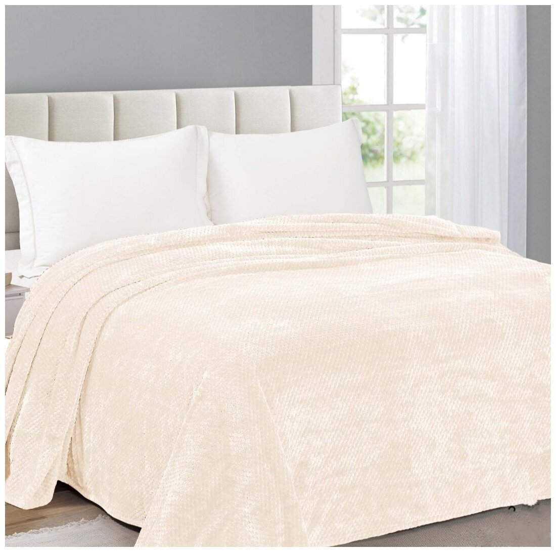 Плед Велсофт Молочный для кровати, дивана / Плед Евро 200х220 см / Плед для пикника / Плед для детской / Покрывало