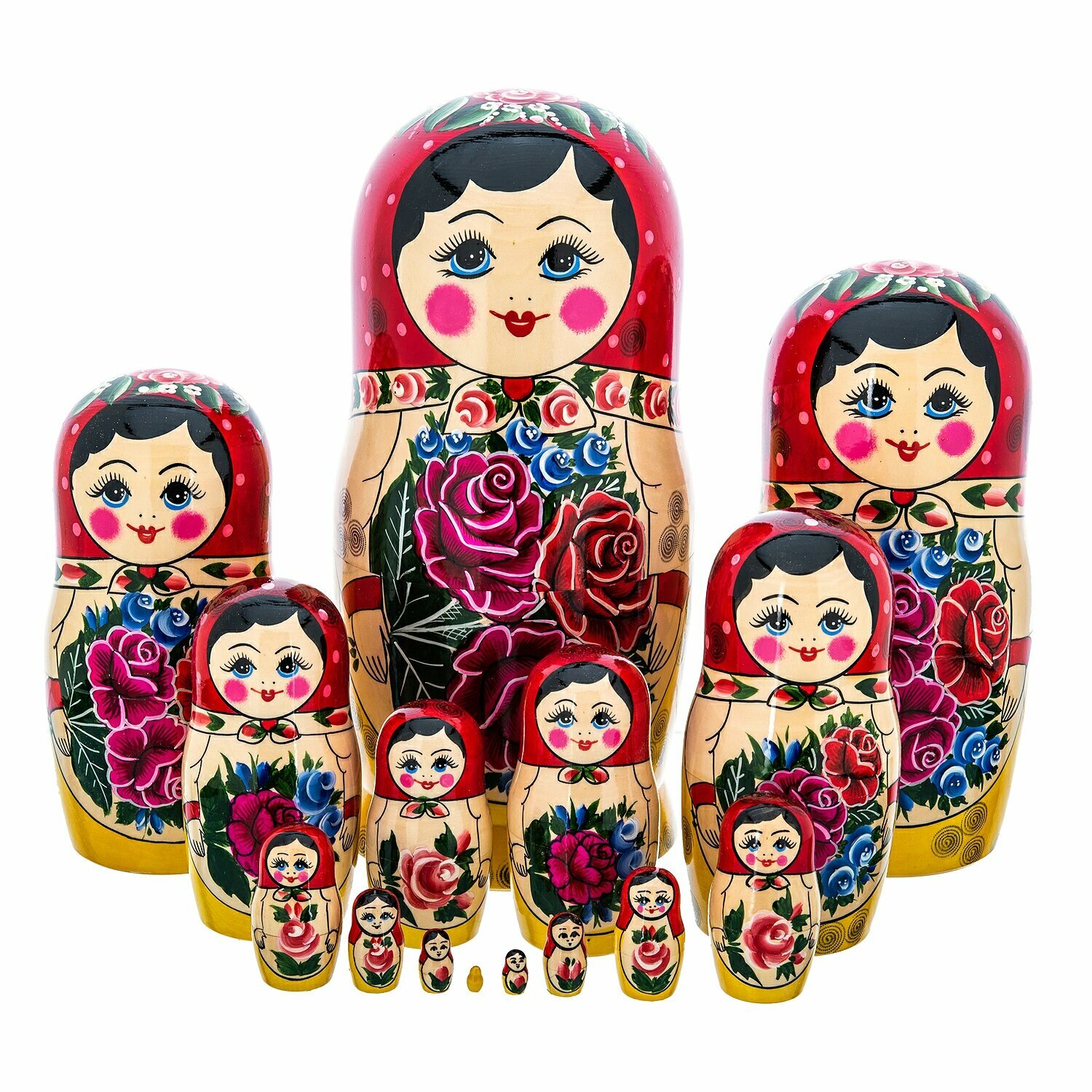 203452 Матрешка "Семеновская" красн платок 15 мест, 30 см