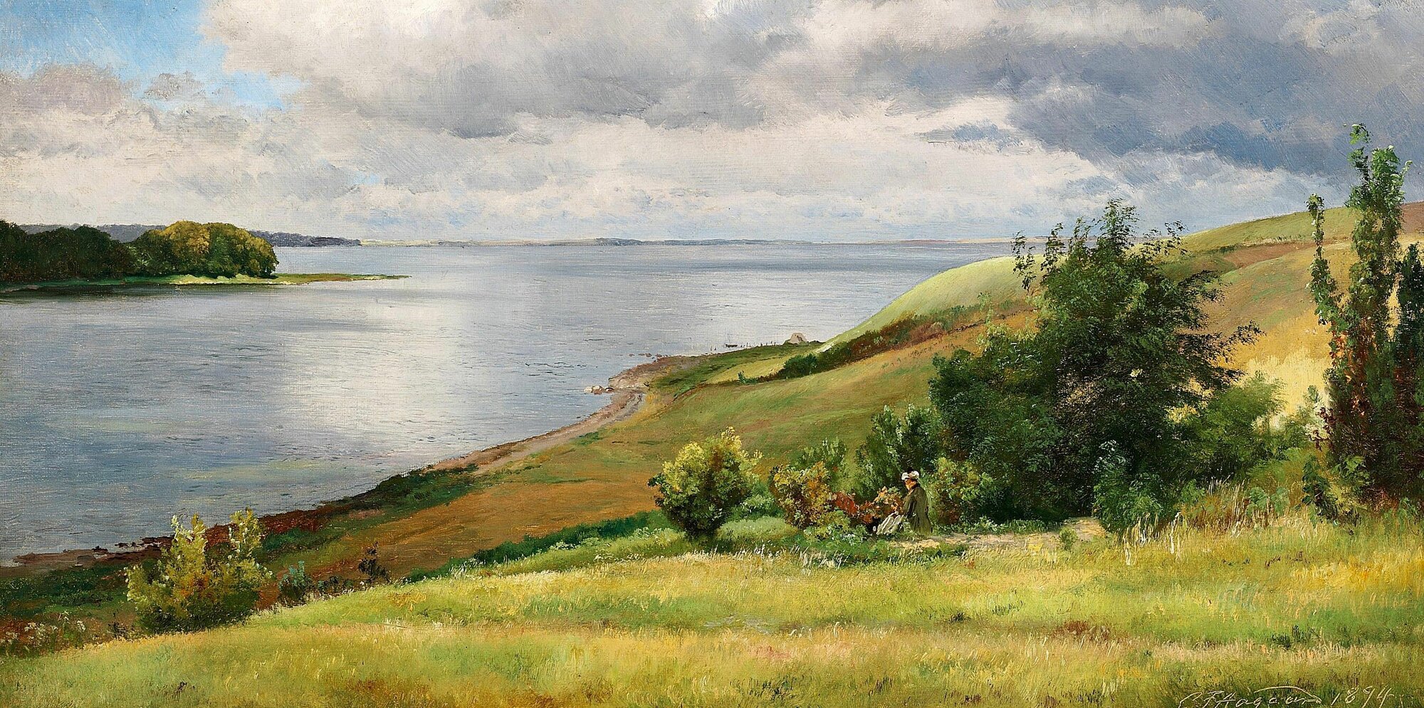 Картина Карла Фредерика Огора Мужчина любуется прибрежным пейзажем 80х40 см