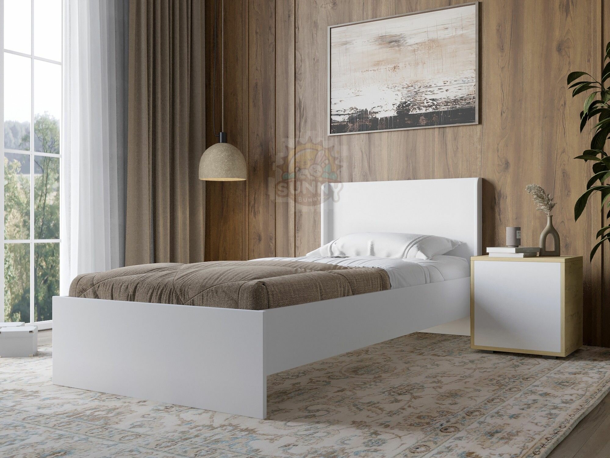 Кровать полутороспальная Sicilia 120х200 см, с прикроватной тумбой, ортопедическое основание, ЛДСП (Белый)