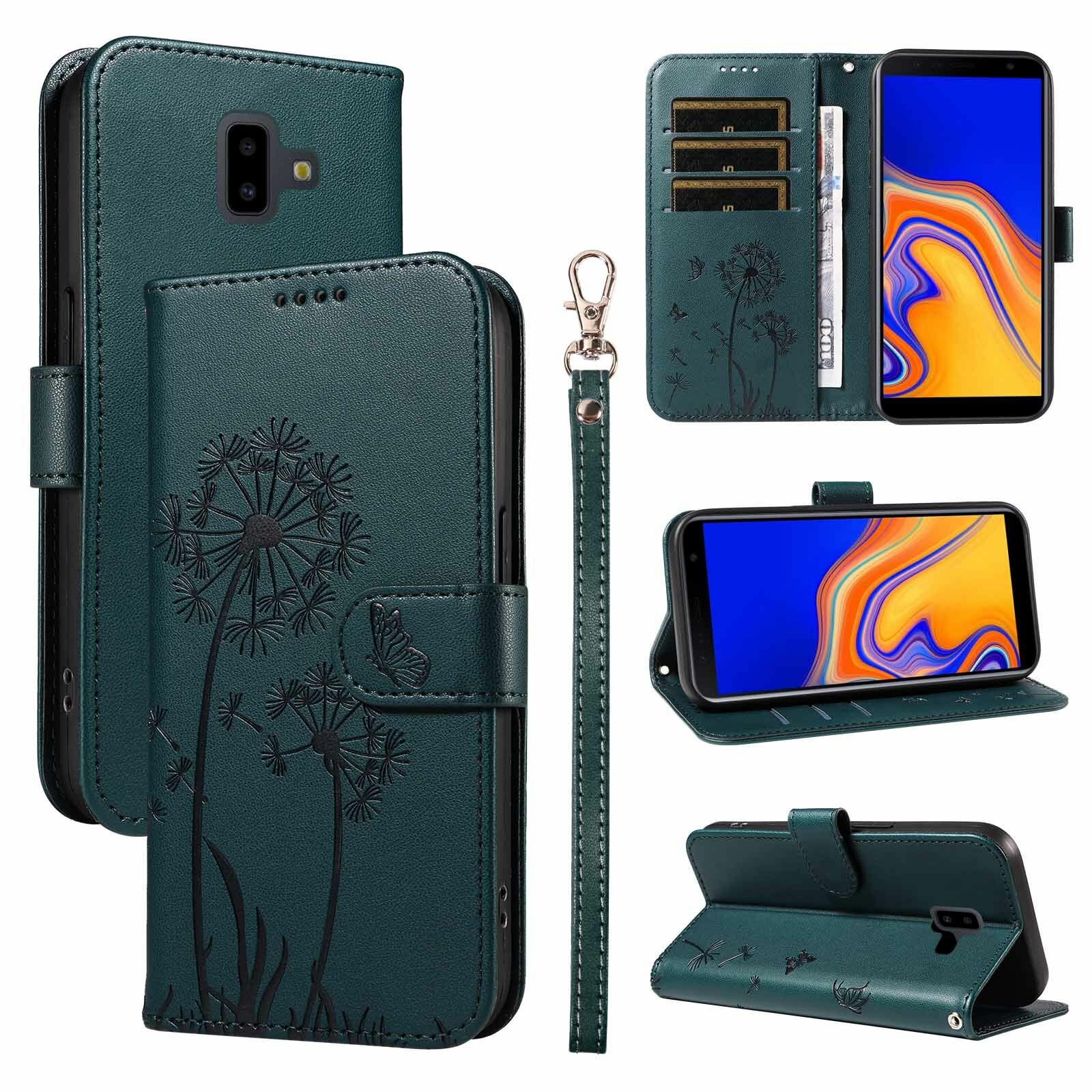 Кожаный чехол-книжка для Samsung Galaxy J6 Prime/J6 plus/J610F(Самсунг Галакси J6 Прайм), матовый кожаный принт, с магнитной застежкой, слотом для карт и ремешком на запястье