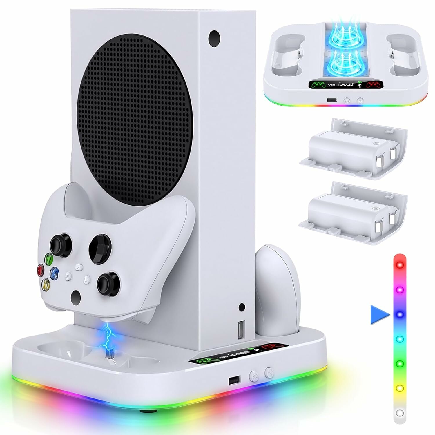 Охлаждающая Подставка с RGB-Подсветкой для Xbox Series S: Зарядная Станция с 2x1400 мАч и 15 Режимами Подсветки, USB 2.0