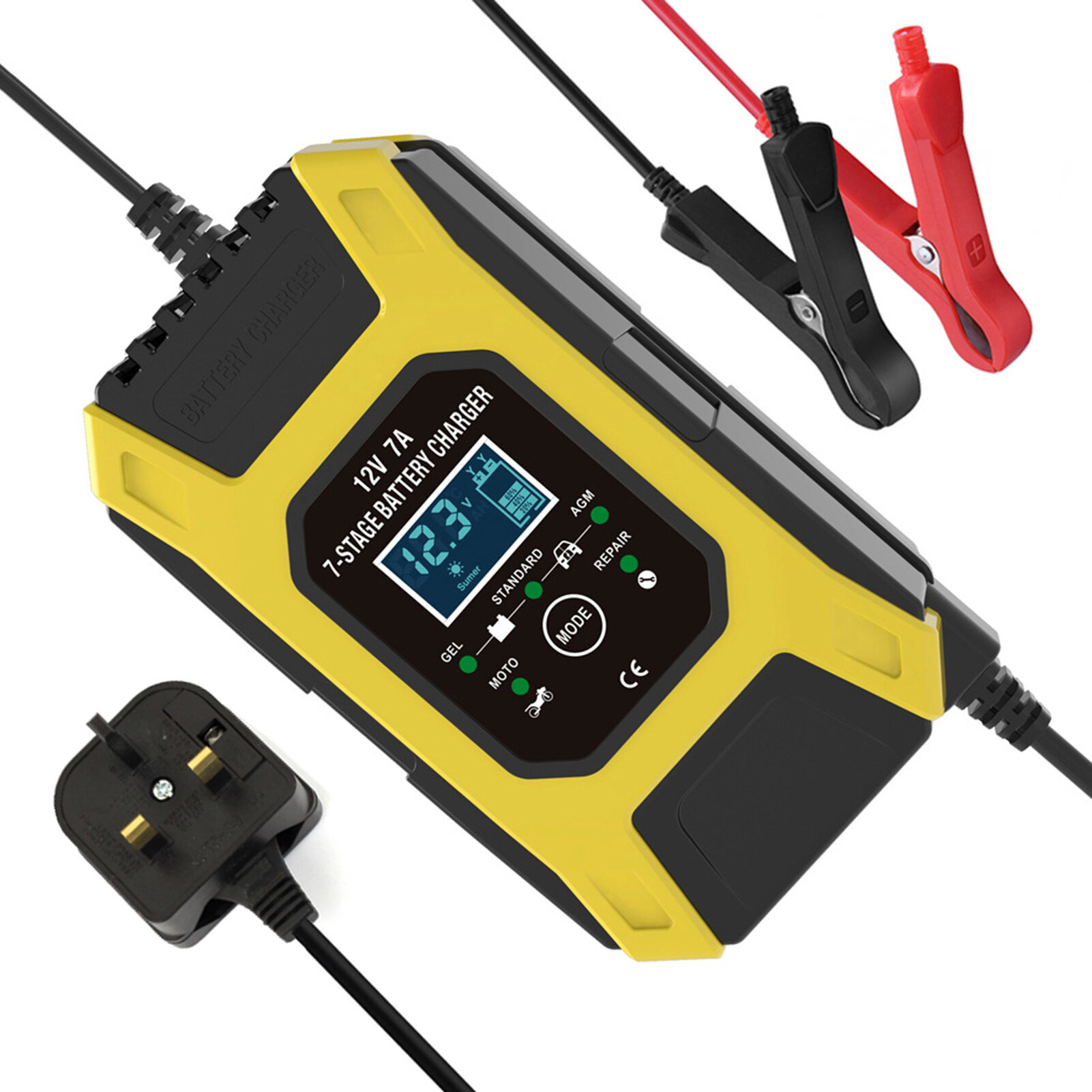 Автомобильное зарядное устройство, Свинцово-кислотные Аккумуляторы 12V 7A с ЖК-дисплеем Smart Maintainer, 7-ступенчатые Зарядные устройства для автомобилей, Мотоциклов, Газонокосилок, Морских лодок, Внедорожников, (штепсельная вилка Великобритании)