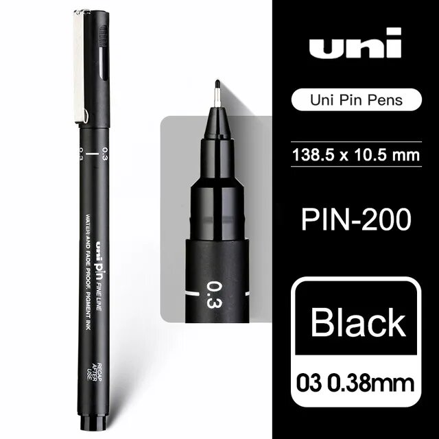 UNI Гелевая ручка для рисования PIN-200 Черный, 0.38mm Black