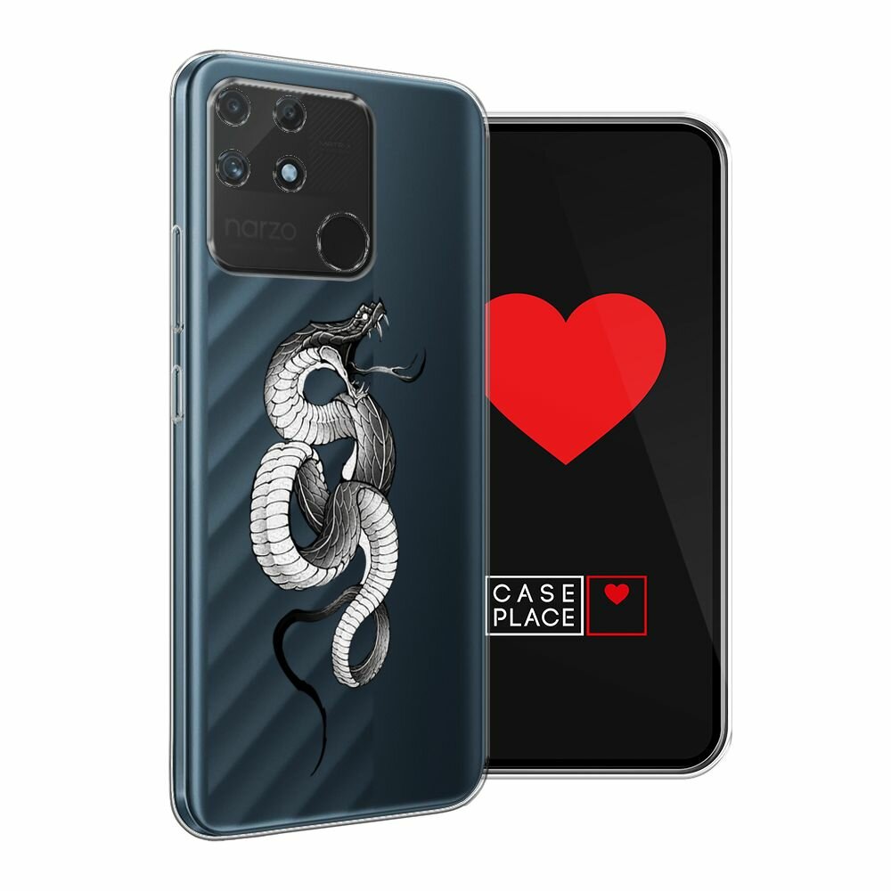 Чехол на Realme Narzo 50A / Реалми Нарзо 50A с принтом Монохромная змея рисунок, прозрачный — фото 1