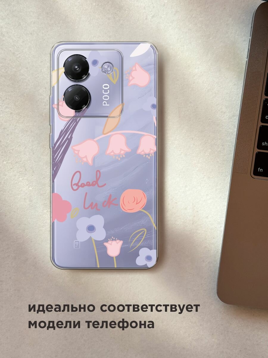 Чехол на Poco M7 Pro / Поко М7 Про с принтом "Lucky flowers", прозрачный — фото 1