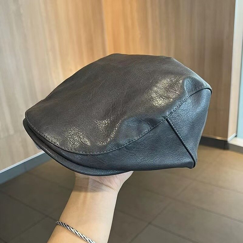 Черный берет женский 2024 новый весенне-осенний модный тренд кожаная шляпа вперед большая окружность головы, показывающая лицо маленькая шляпа художника