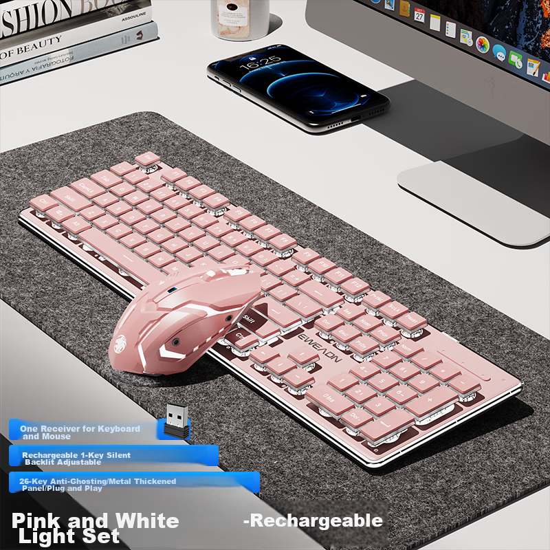 Комплект беспроводная комбинированная клавиатура и мышь EWEADN X7S, розовая с белой подсветкой