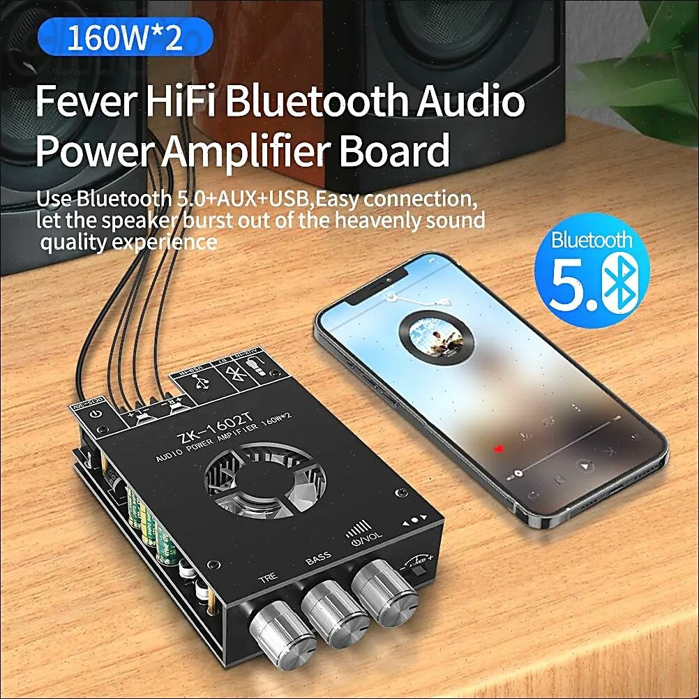 ZK-1602T Аудио Bluetooth усилитель звука, Усилитель автомобильный, мощная мощность,160 Вт + 160 Вт, 2,0-канальный приемник