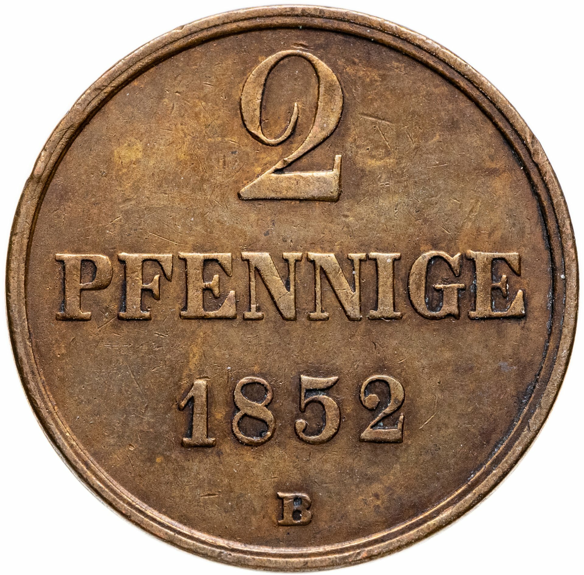 Ганновер 2 пфеннига 1852, Медь, в сохранности VF-XF