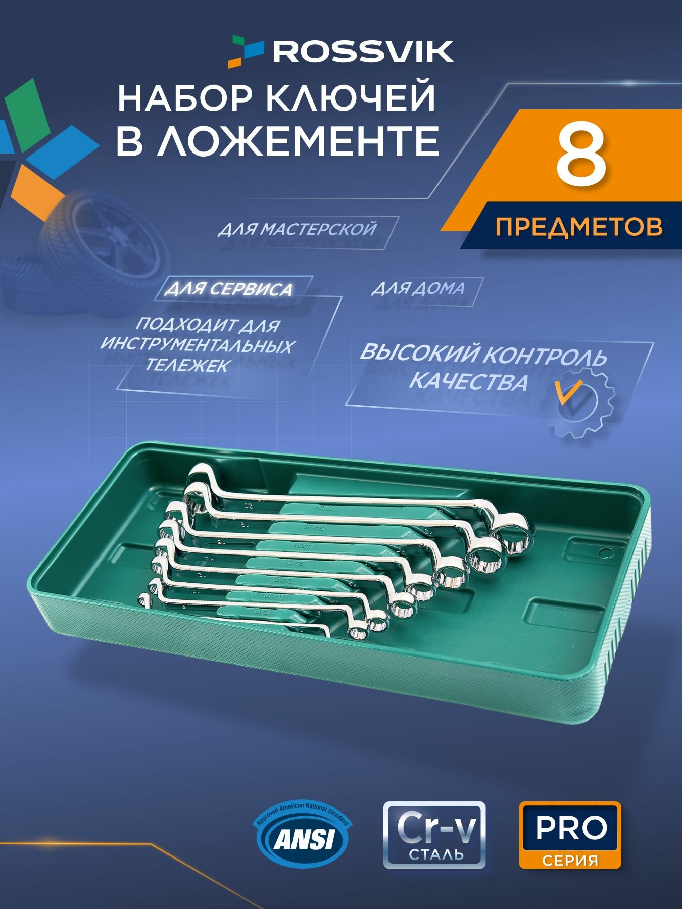 Набор инструмента в ложементе / Набор ключей гнуто-накидных 6-22 мм, 8 шт. Россвик LST009