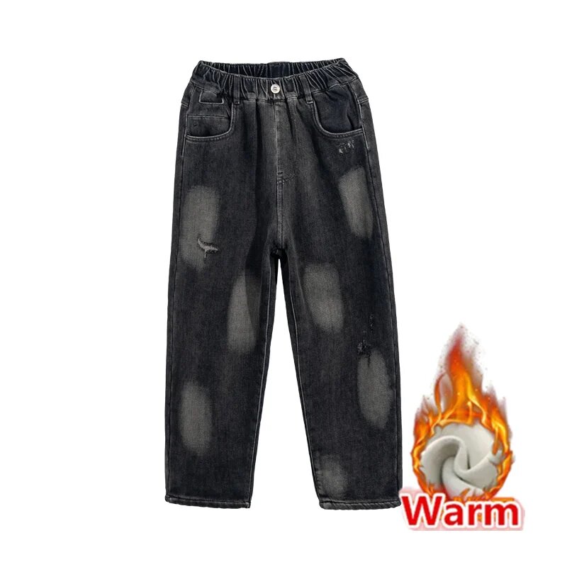 RONG CH Зимние бархатные утепленные джинсы для мальчиков теплые флисовые прямые брюки 5-14 лет