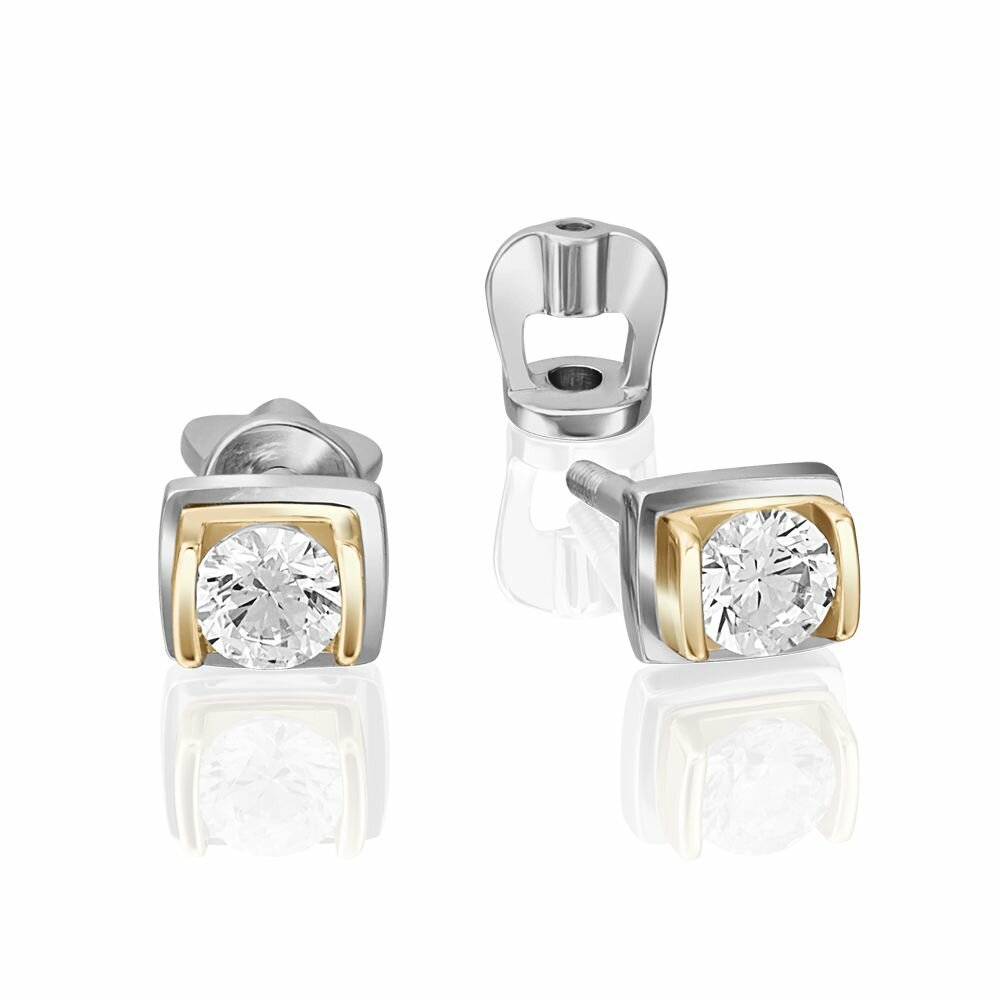 Серьги пусеты PLATINA, комбинированное золото, 585 проба, родирование, фианит