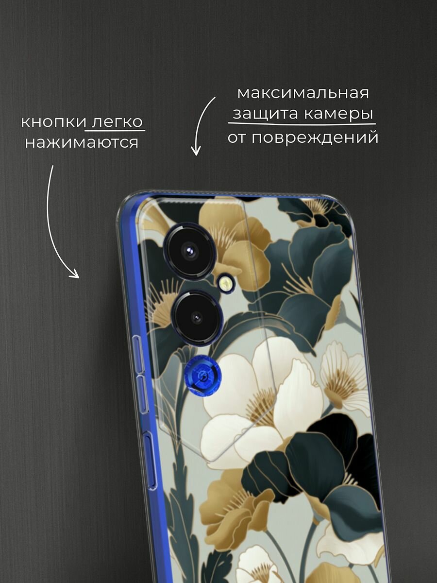 Чехол на Tecno Pova 4 pro / Техно Пова 4 Про с принтом Золотые и белые цветы — фото 1