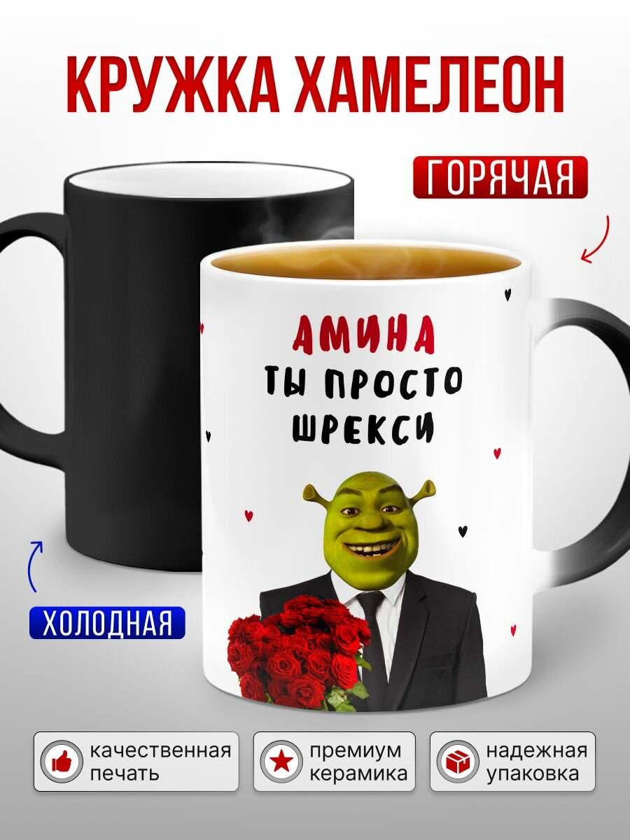 Кружка хамелеон с приколом Shrek Шрек с именем Амина, 330 мл, 1 шт.