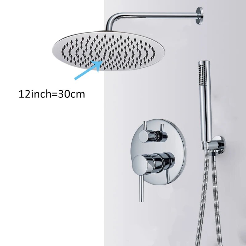 Chrome Round Style Shower Faucet Set Concealed Rainfall Shower System Bathtub Shower Hot Cold Water Mixer Faucet Tap-12 inch set