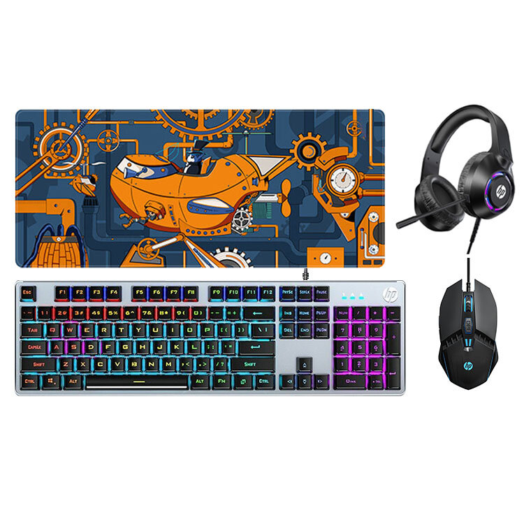 Проводная игровая клавиатура унисекс HP HUIPU K500F, комплект Esports Four-Piece Set Black Keyboard+Mouse+Headband Headphones+Extra Large Gaming Mouse Pad