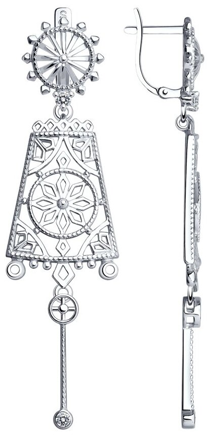 Серьги с подвесками, серебро, 925 проба, родирование, фианит