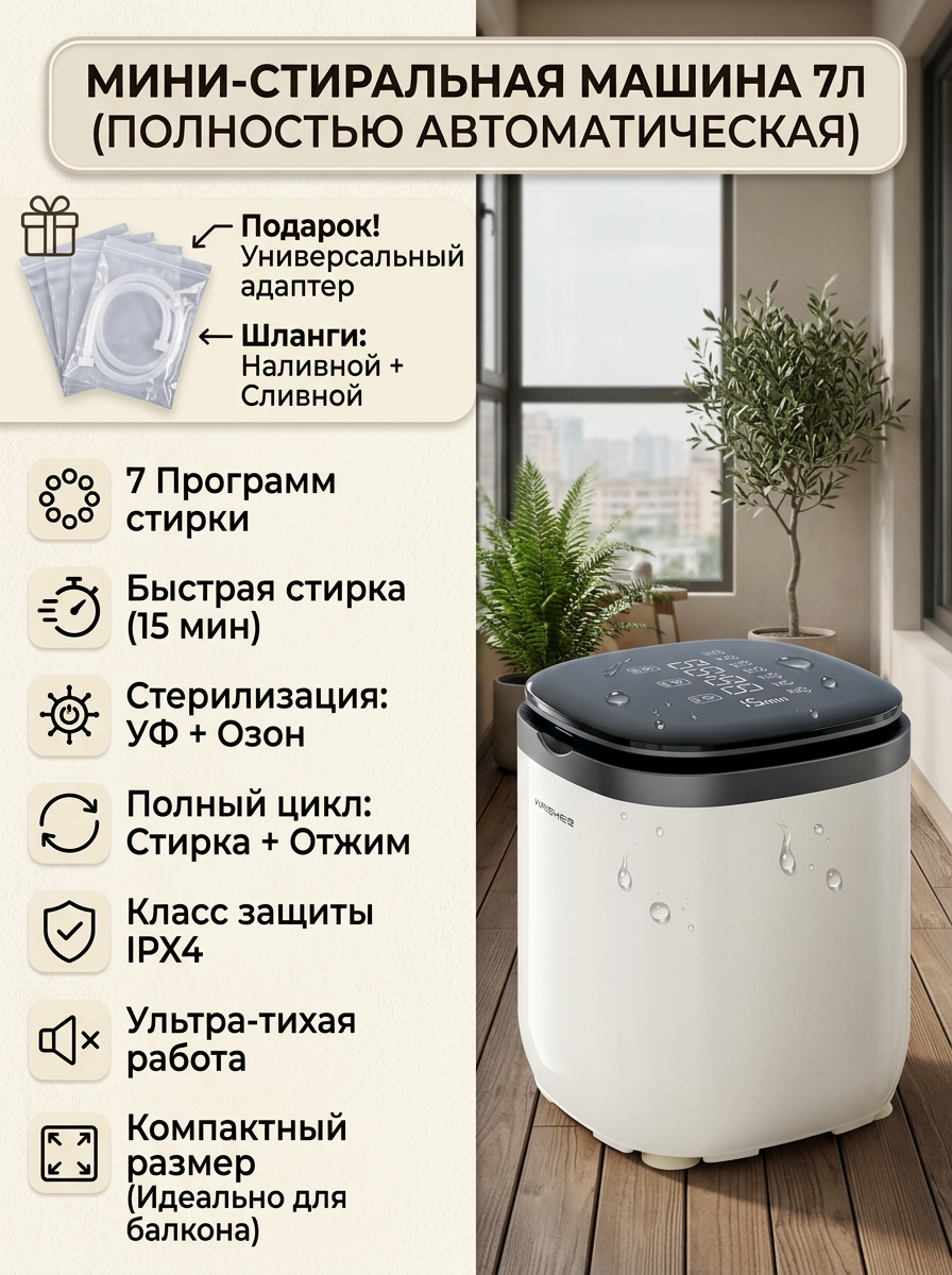 Полностью автоматическая стиральная машина с 7 режимами стирки, 7 литров.