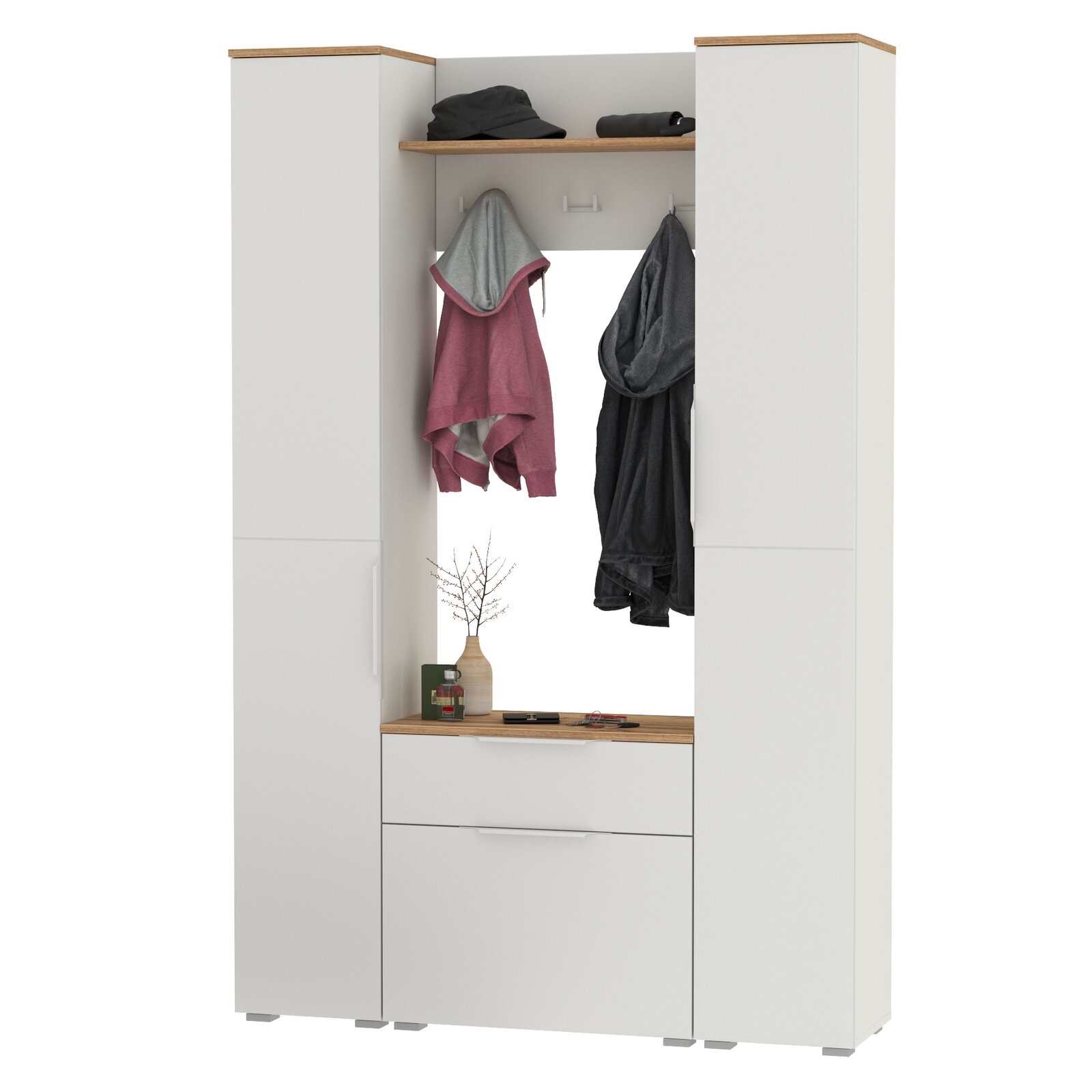 Современная компактная прихожая Моби Октава № 18 цвет белый шагрень/дуб крафт золотой, 129,3х35,4х197,6 см