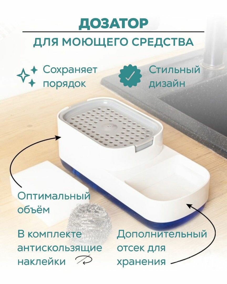 Диспенсер кухонный с дозатором. Настольный органайзер аксессуар на раковину/мойку для губки/сетки моющих средств. IkoloL