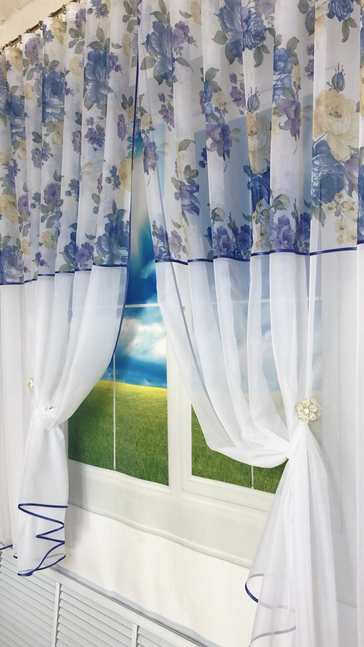 Готовые шторы. Тюль-вуаль белая с цветами на ленте. Короткий тюль с цветами для балкона, беседки, гостиной, детской и кухни.