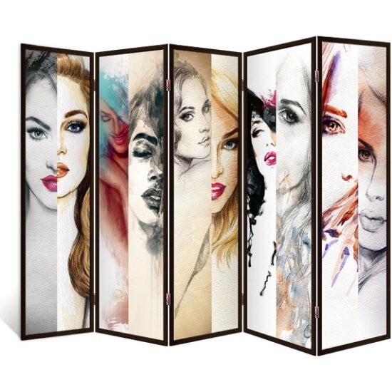 Ширма перегородка Декор Депо для комнаты деревянная "Тысяча лиц" двухсторонняя с картинкой (мода и красота) 5 створок венге 176х230 см 18 кг