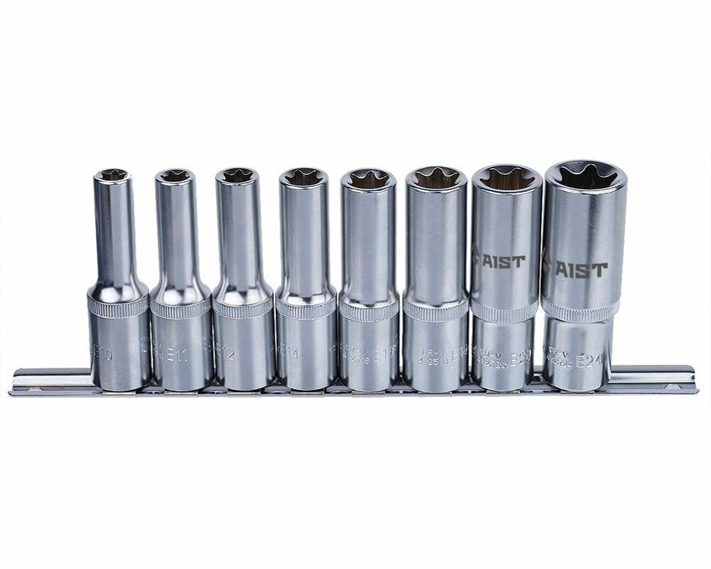 Набор торцевых глубоких головок TORX (торкс звездочка Е-тип) E10-E24 1/2" дюйма на планке AIST 402508E 8 предметов под большую трещотку