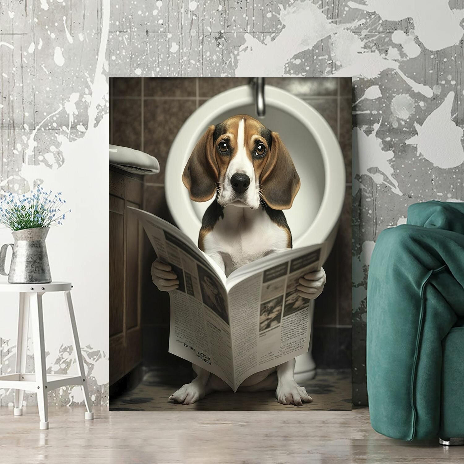 Картина в туалет, ванную комнату Бигль читает, 30х40 см.