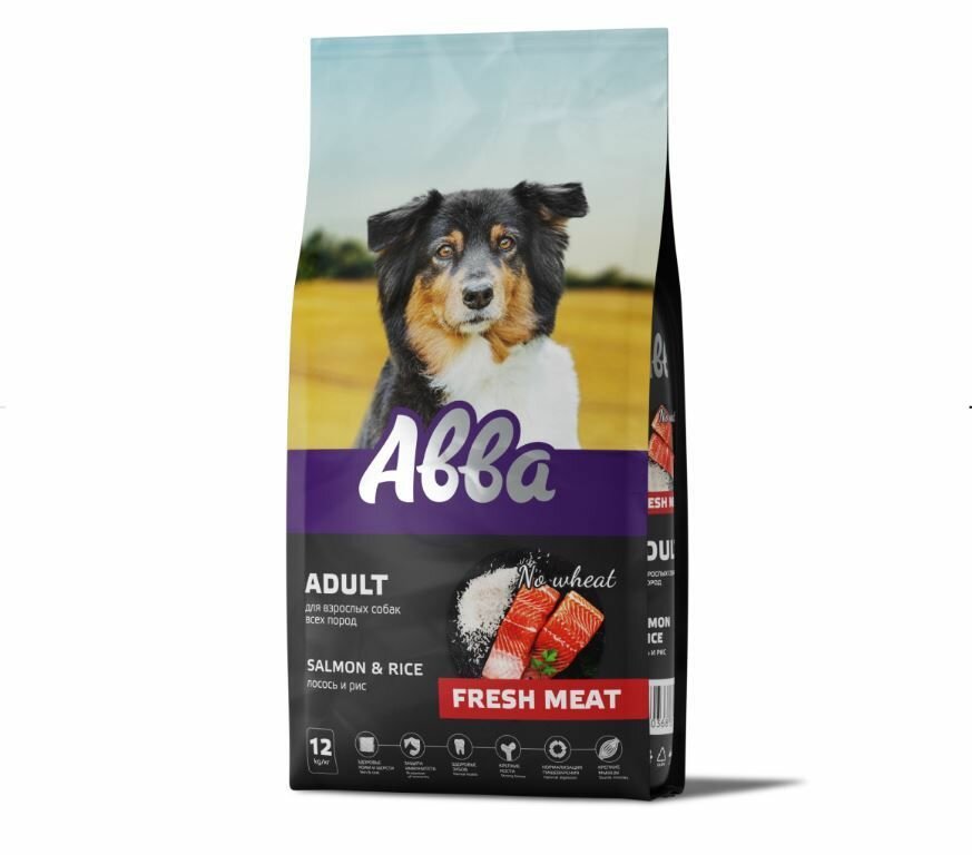 Авва Fresh Meat Сухой корм для взрослых собак всех пород, с лососем и рисом, 12 кг